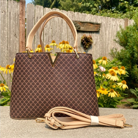 Bags | Boutique Emm Bags Brown Letter V Crossbody Top Handle Bag With ...